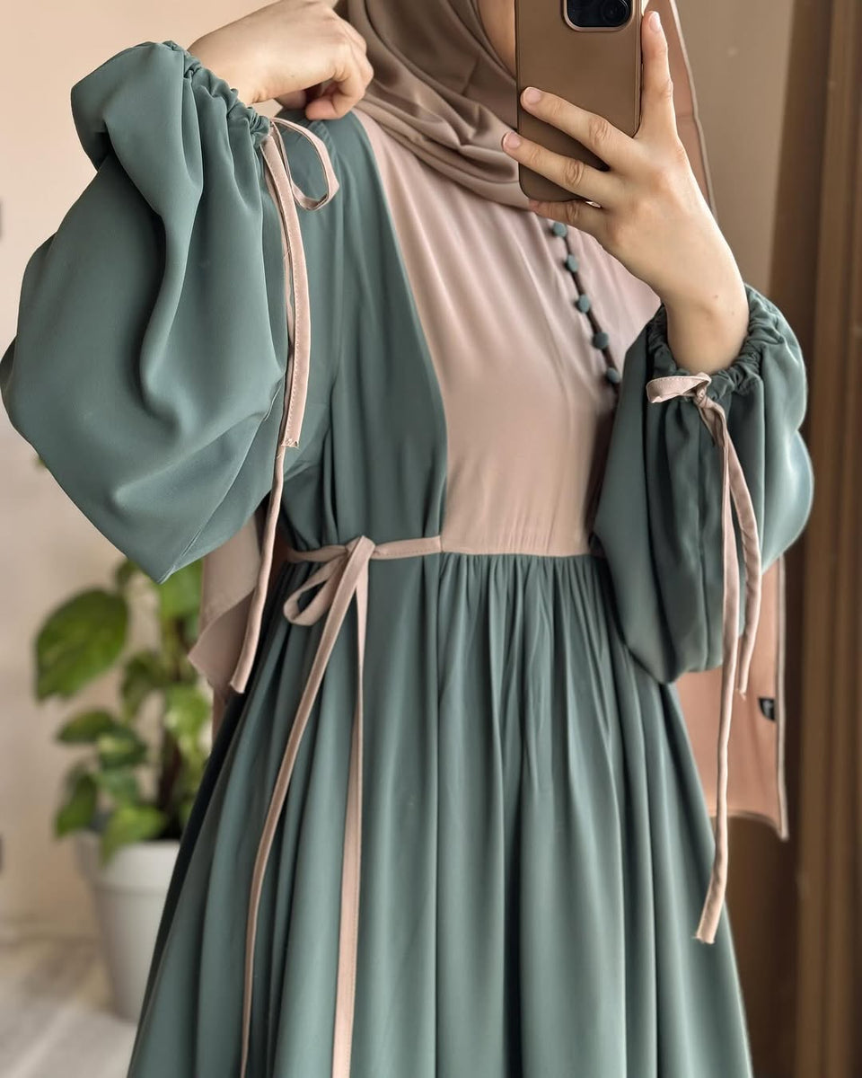 Two-Tone Modest Flowy Abaya Dress – Double Georgette – Azurofficial