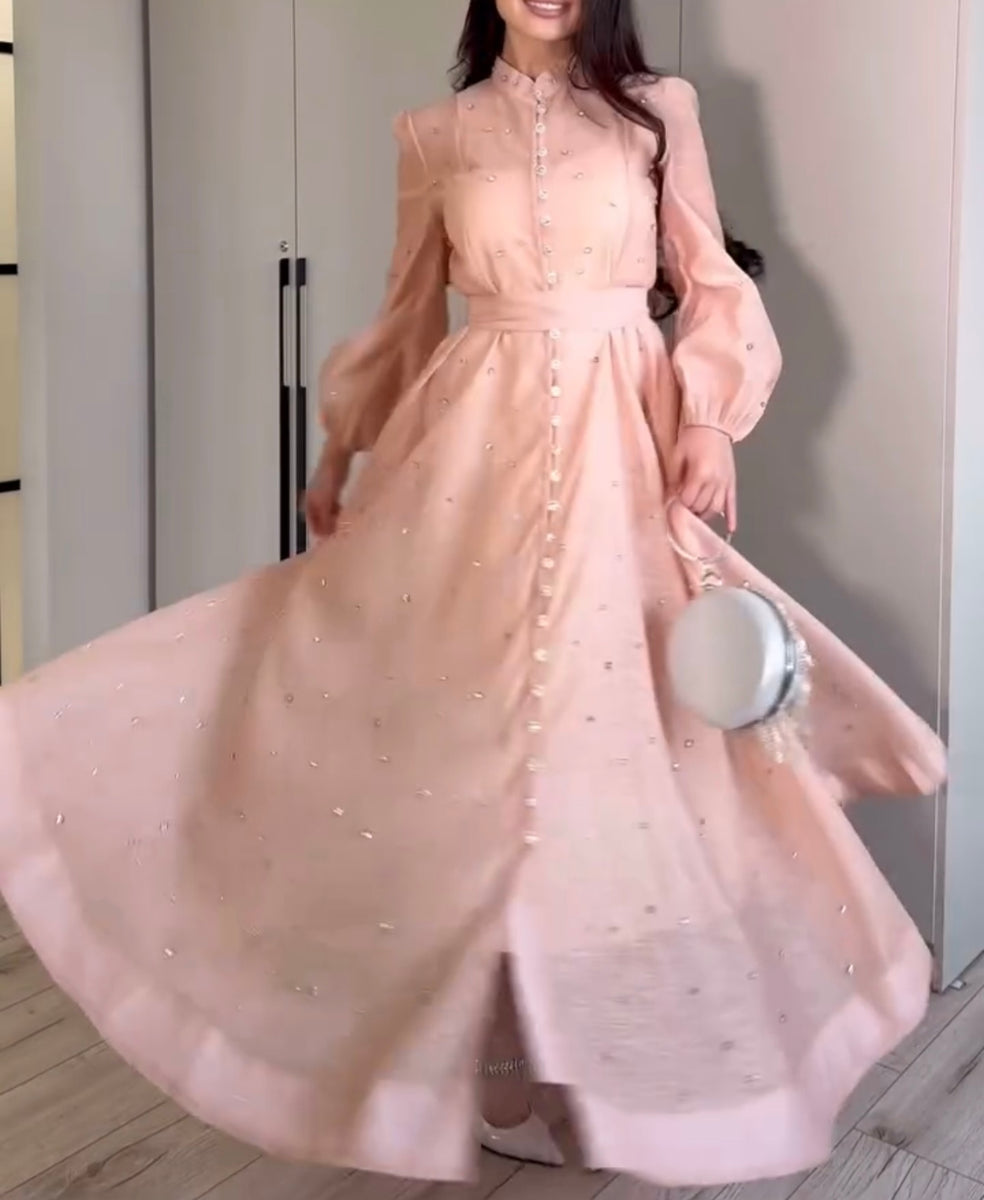 Elegant Peach Embellished Cotton Net Dress with Stone Work – Azurofficial